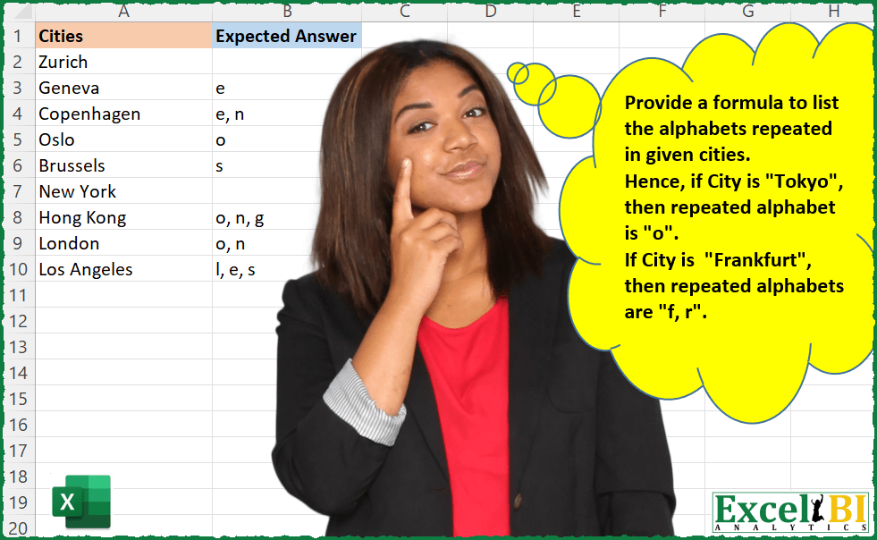 Repeated Letters in Cities | Excel, Power Query & Python Challenge